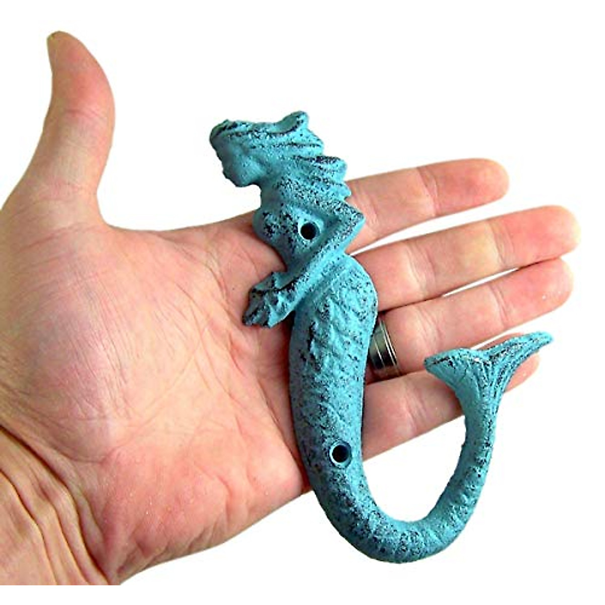 Aqua Blue Cast Iron Mermaid Wall Hook 5 3/4 Inch (Set of 4)
