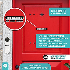 Small No Soliciting Sign for House, 4 Small Sizes Compatible with Most Video Doorbells, Weatherproof Matte Stickers, Made in USA (Home Kit - Black)