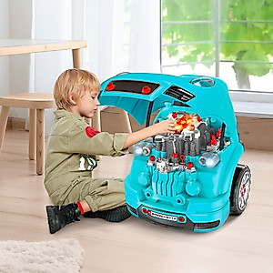 Qaba Kids Truck Engine Toy, Kids Mechanic Car Repair Set, Engine Disassembly Play Workshop, Includes 61 Pieces, Steering Wheel, Horn, Light for 3-5 Years Old, Teal