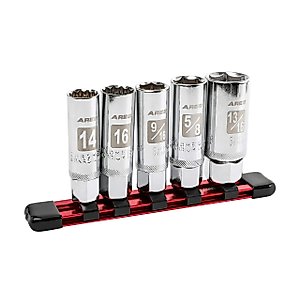 ARES 11016-5-Piece Magnetic Spark Plug Socket Set - Includes 14mm and 16mm Thin Wall Sockets and 9/16-inch, 5/8-inch, and 13/16-inch Sockets - Convenient Reusable Storage Rail Included