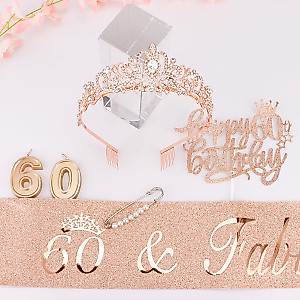 TOBATOBA 60th Birthday Decorations Women, Rose Gold 60 & Fabulous Birthday Sash, 60th Birthday Crown Tiara, Birthday Candles and Cake Toppers, Happy 60th Birthday Gifts for Women Birthday Decor
