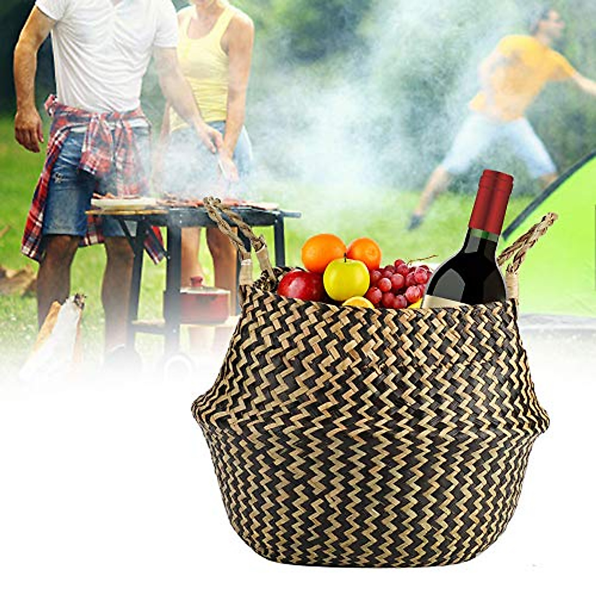 1Pc Foldable Natural Seagrass Woven Storage Basket Clothes Organizer Plant Flower Pot for Planting Home Decoration Laundry(Black)
