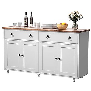 Buffet Cabinet Storage Sideboard with 2 Drawers and 4 Doors, 55" Modern Coffee Bar Cabinet with Storage, Credenza Kitchen Buffets Sideboards Cabinet Console Table for Dining Living Room, White