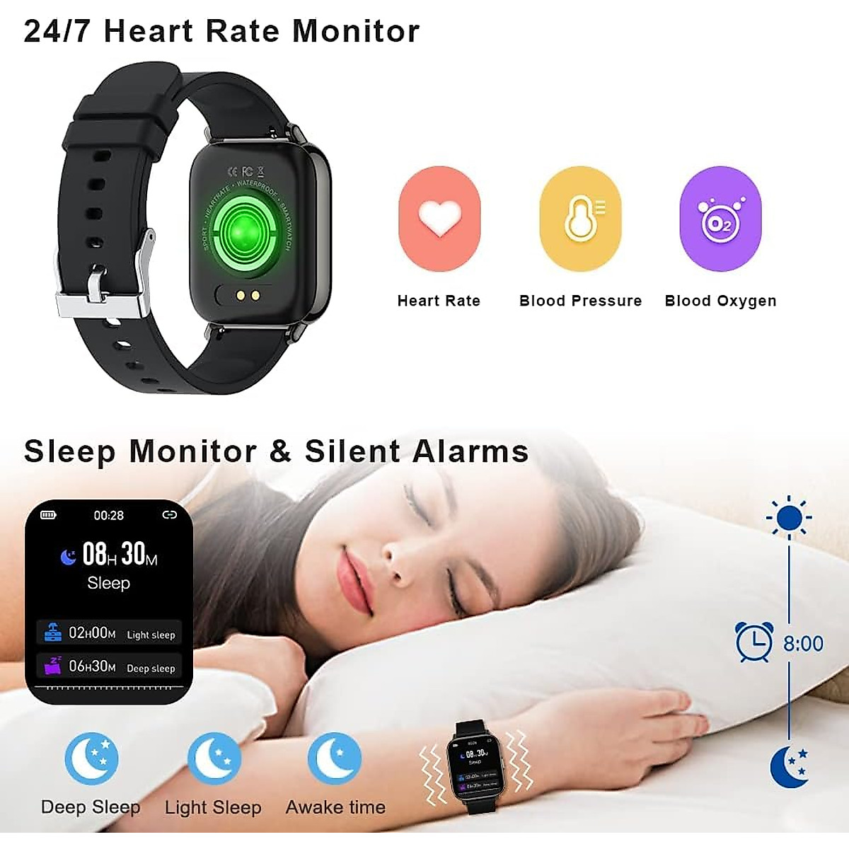 Smart Watch, IP68 Waterproof Activity Fitness Tracker Watch with Heart Rate Blood Pressure Sleep Monitor Pedometer Step Counter Mens Smartwatch for Android iOS Phones 2024 Smart Watches for Men Women