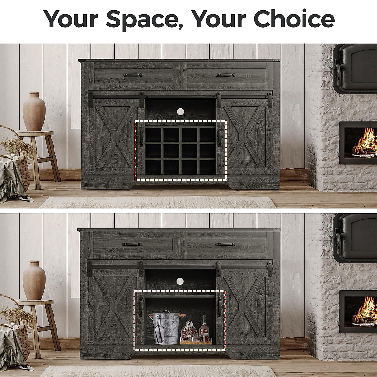 RoyalCraft Farmhouse Buffet Cabinet with Storage, 52'' Wine Bar Cabinet with Sliding Barn Door, Liquor Coffee Bar Cabinet and Sideboard for Kitchen, Dining Room, Rustic Dark Grey