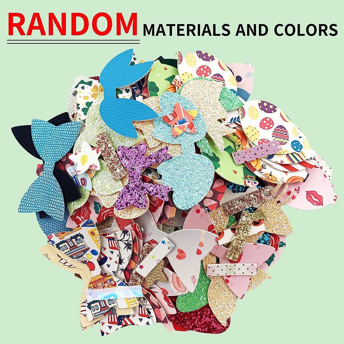 AOUXSEEM 348 Pcs 60 Set Faux Leather Hair Bows DIY Making Kit for Beginners, Contains Assorted Random Printed Glitter Solid Fabric Pre Cut Pieces, Make Stylish Girls Hair Clips