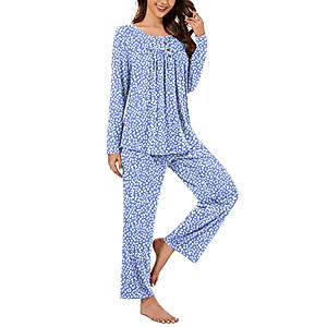Bestbee Womens Pajama Set Plus Size, 2 Piece Lounge Outfits Pleated Sleepwear Sets Long Sleeve With Pockets Ladies Pjs, 3XL, Spotted Blue