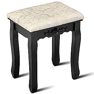GOFLAME Vanity Stool, Retro Makeup Dressing Bench with Solid Wood Legs, Piano Seat with Carved Flowers, Thick Padded Cushioned Chair with 250lb Capacity, Large Vanity Benches for Bedroom (Black)