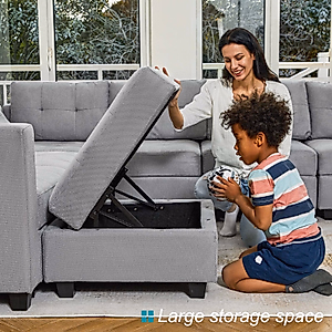 Belffin Light Grey L Shape 5-Seat Modular Sectional Sofa with Storage, Reversible Chaise, Adjustable Backrest, Cotton & Polyester