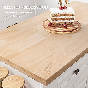 43“ Rolling Mobile Kitchen Island Cart on Wheels with Drawers, Storage Cabinet, Rubberwood Countertop and Spice/ Towel Rack, Adjustable Shelves, White