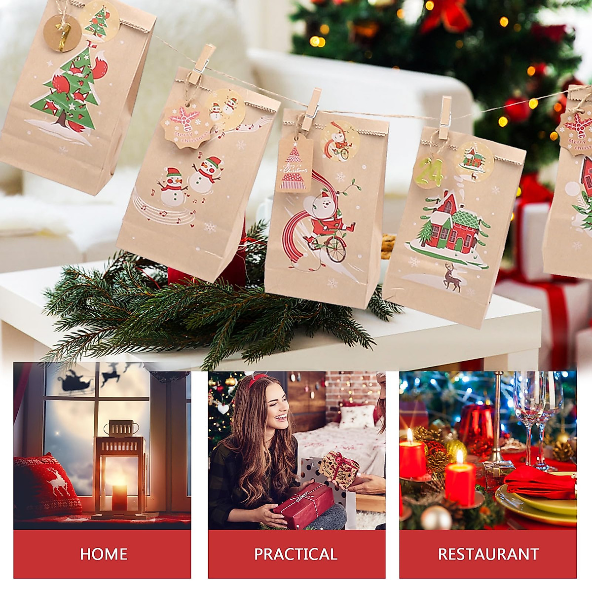 LUOZZY Bags Kraft Paper Xmas Cookies Bags Christmas Countdown Paper Bags Party Accessories