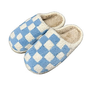 JINLONYU Checkered Slippers Cozy Warm Plush Slip-On House Shoes for Women Men Plaid Scuff Slides Blue 39-40