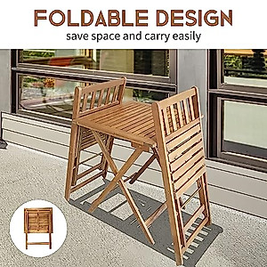 BLKMTY Patio Bistro Set 3-Piece Outdoor Patio Furniture Sets Folding Table and Chairs Acacia Wood Bistro Set Balcony Cafe Table Square Patio Table Chair for Front Porch, Garden, Deck, Backyard