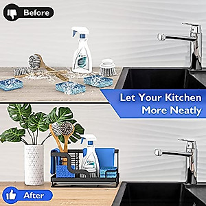 MEYONER Kitchen Sink Organizer, Sink Caddy Sponge Holder for Kitchen Sink, Dish Brush Holder Stainless Steel, Kitchen Soap Caddy with Plastic Removable Drain Pan for Sponge, Brush, Dish Soap