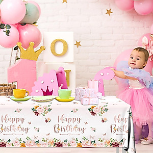 Gupesxu 3Pack Pink Rose Tablecloth-Happy Birthday Party Decoration Pink Floral Baby Shower Table Cover Plastic Rectangle Tables for Girl Kids Wedding,Sweet 16 Birthday Party