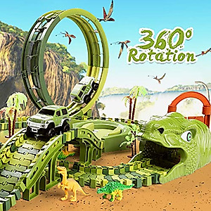 Dinosaur Race Car Track Toys, 400 pcs Create Dinosaur World Road Race, Flexible Tracks with 360 Loop and Auto Turntable Playset, 2 Cars, 2 Dinosaur Head, Gift for Kids Ages 3 4 5 6 Year Old Boys Girls