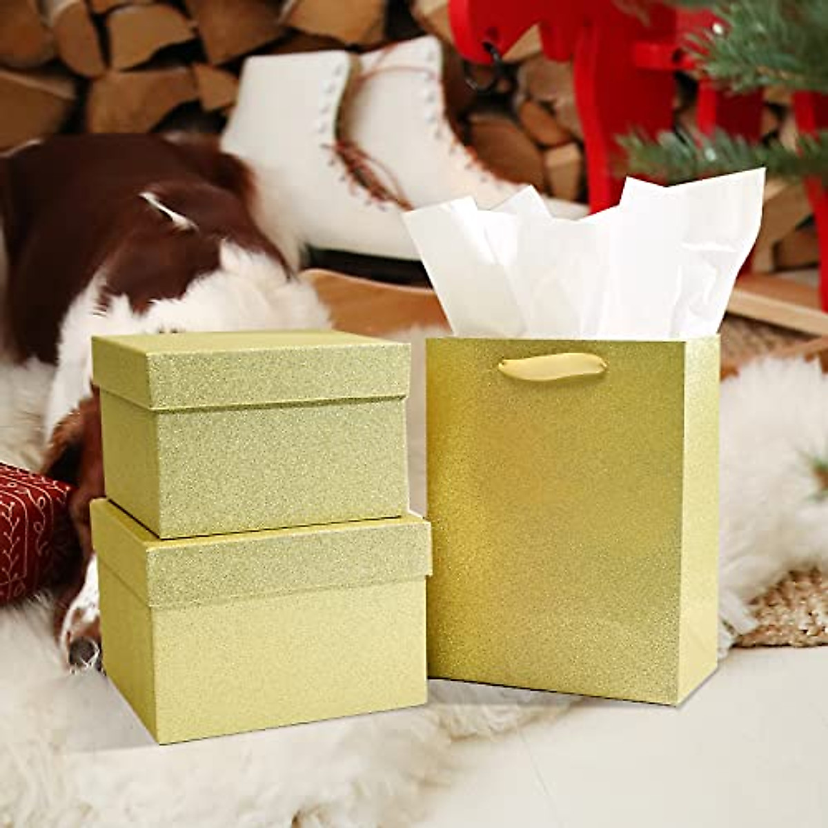 PAPER FAIR 5PCS Bright Gold Glitter Nesting Gift Boxes Set, Flat Square Cardboard Storage Organizer Keepsake Box with Lid Durable Reusable, for Gift Wrapping Holiday Present Christmas Birthday, Assorted Size