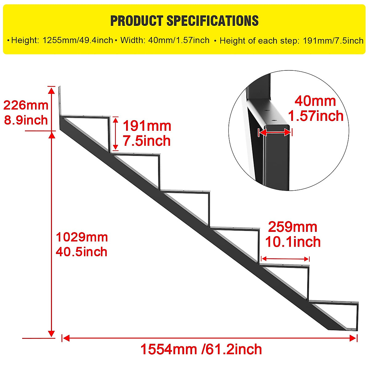 Doniks Steel Stair Step Riser -6 Step for Deck Height 49.4 Inches Metal Stair Stringer Step Stringer Support Connector Frame Hanger Bracket