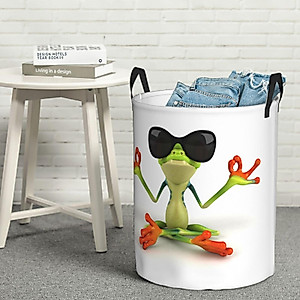 FOISIIAEA Laundry Basket,Funny Frog Wearing Glasses Bathroom Organizer Basket Waterproof Foldable Cloth Hamper with Lining for Home Storage