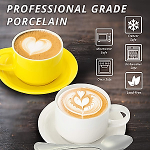 JULKYA SET OF 6 STACKABLE 4OZ MULTICOLORED PORCELAIN ESPRESSO CUPS WITH SAUCERS AND METAL STAND +BONUS STAINLESS STEEL SPOONS - LIGHTWEIGHT CUPS FOR ESPRESSO, LATTE, CAFÉ MACCHIATO, OR TEA, DEMITASSE