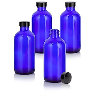 JUVITUS 8 oz Cobalt Blue Glass Boston Round Bottle with Black Phenolic Cone Lined Caps (4 Pack)