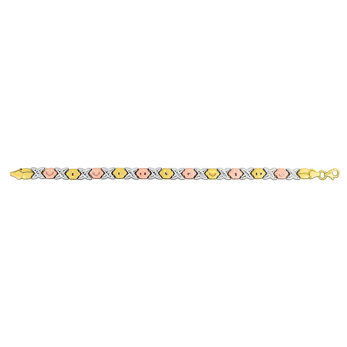Floreo 10k Fine Tri Colore Yellow White and Rose (Pink) Gold Stampato Xoxo X & O "I Love You" Heart Chain Bracelet, 7 Inch