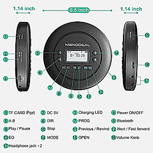 CD Player Portable, MONODEAL Bluetooth CD Player, Rechargeable Compact Small Walkman CD Player with Headphones for Car and Personal Use