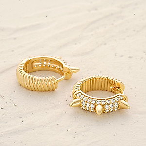 MYEARS Women Spike Earrings Gold Huggie Chunky Ribbed Hoop Trio Cone Diamond Cubic Zirconia 14K Gold Filled Small Simple Handmade Hypoallergenic Everyday Jewelry