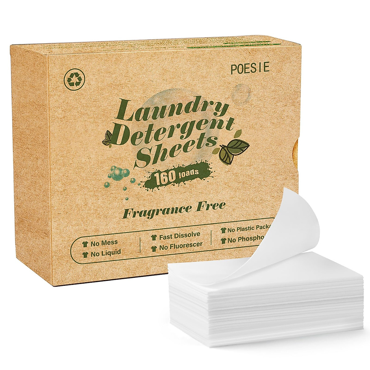 Poesie Laundry Detergent Sheets Detergent Fragrance Free Non-Plastic Precut Zero Waste 160 Sheets Liquidless Washing Sheets for Home Dorm Travel Camping Hiking Portable