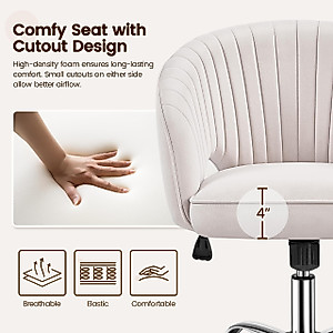 Yaheetech Cute Desk Chair Velvet Chair Vanity Chair with Wheels Home Office Chair Upholstered Modern Swivel Chair with Tufted Barrel Back for Study, Vanity, Bedroom Cream
