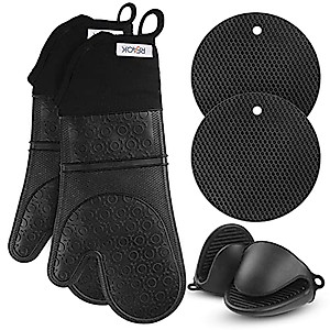 RFAQK Oven Mitts and Pot Holders Sets- Extra Long Silicone Oven Mitts, Oven Mitts Heat Resistant with Quilted Soft Liner and Mini Oven Mittens Sets for Kitchen, Baking, Grill and BBQ (Black)