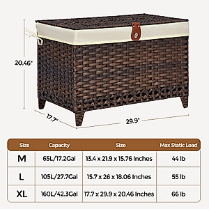 Honjourai Wicker Storage Basket with Lid,Rattan Shelf Basket with Removable Liner Bag,160L Storage Bin,Storage Trunk with Heightened Feet,Storage Container for Wardrobe,Home Organizer