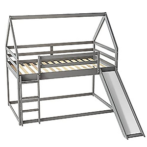 Harper & Bright Designs House Bunk Bed with Convertible Slide and Ladder, Twin Over Twin Bunk Bed with Roof and Security Guardrails, Floor Bunk Bed for Kids (Gray)