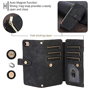 UEEBAI Case for iPhone 7 Plus/iPhone 8 Plus, 9 Card Slots Retro Leather Wallet Shockproof Flip Cover with Hand Strap Card Slots Zipper Pocket Kickstand Handbag Magnetic Closure - Retro Black