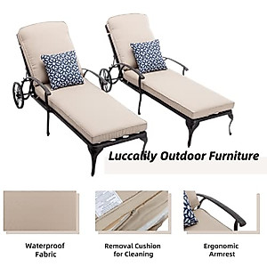 Luccalily Chaise Lounge Patio Chair with Wheels, Adjustable Reclining Rust-Resistant Aluminum Cast Poolside Chaise Lounge Furniture Set of 2, Waterproof Beige Cushion