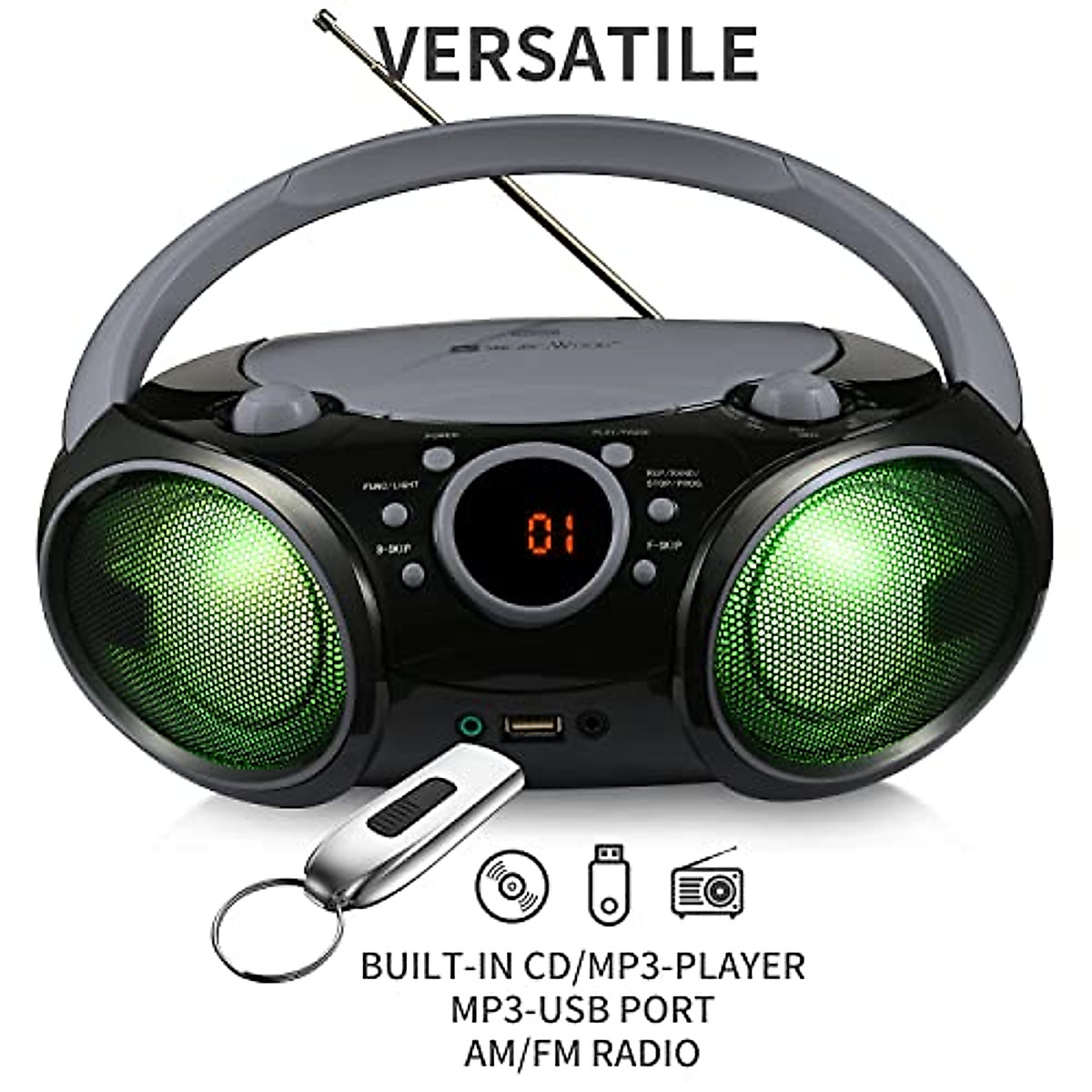 SINGING WOOD CD Boombox Portable/w Bluetooth USB MP3 Player AM/FM Radio AUX Headset Jack LED Backlit (Phantom Black)