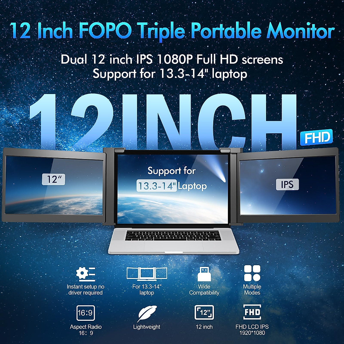 FOPO 12" Triple Laptop Screen Extender Triple Portable Monitor for 13.3"-14" Laptop, FHD 1080P IPS Dual Display, with USB-C/HDMI Port, for Windows/MacOS/Switch-S12