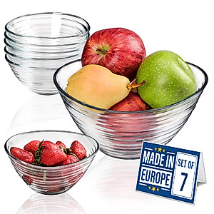 Volarium CRYSTALIA Mixing Bowl and Small Serving Bowls Set of 7, Clear European Glass Kitchen Prep Bowls, Great for Salad, Fruits, Sauce, Dipping, Dessert and Side Dishes, Stackable for Easy Storage