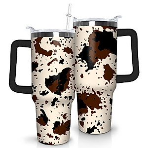 thmasamwr Cow Print Tumbler with Lid and Straw, Stainless Steel 40oz Tumbler with Handle, Cow Print Travel Coffee Mug Water Bottle, Highland Cow Gifts Cups for Women and Girls