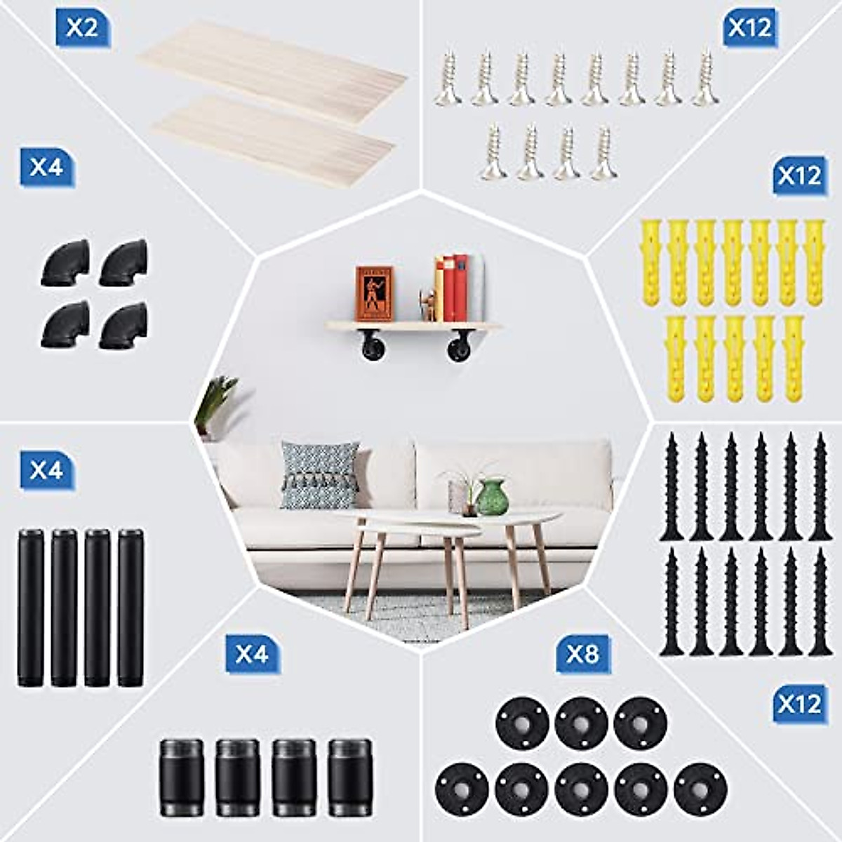 Jeteveven Floating Shelves Wall Mounted Set of 2, Wooden Storage Shelves for Kitchen, Living Room, Bathroom, Bedroom, Office