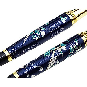 Hongdian Fountain Pen Fine Nib Blue Barrel, Cloisonne Painting (Bird, Butterfly and Flower) with Metal Box
