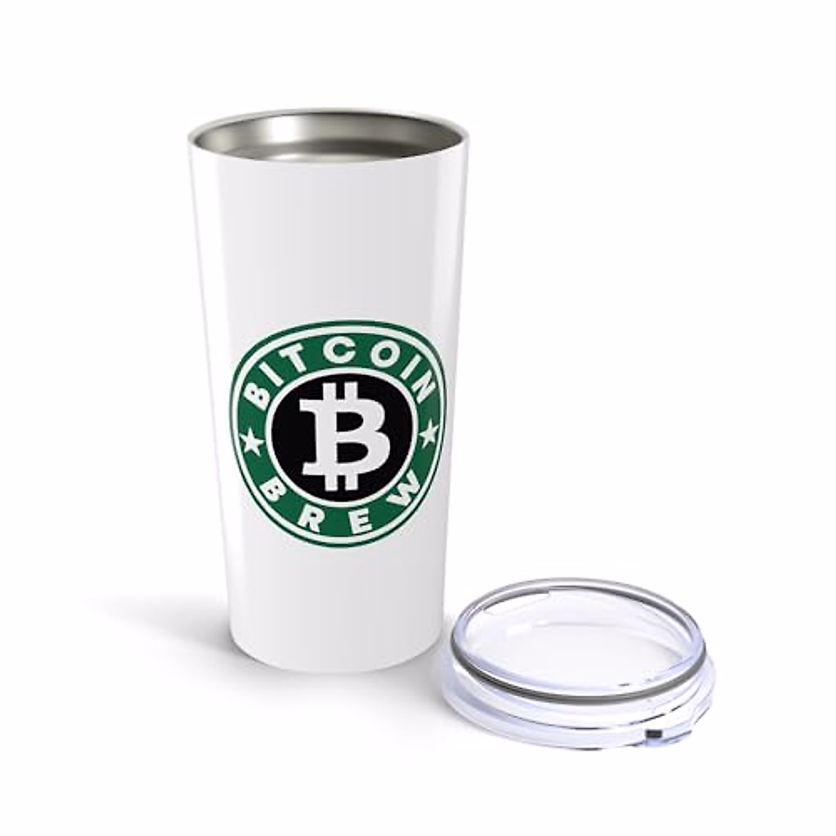 Crypto Coffee Tumbler | Bitcoin Brew Travel Mug | Stainless Steel | 20 oz | White