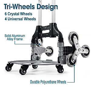 LEADALLWAY Stair Climbing Cart Aluminum Alloy Portable Climbing Cart 6 Crystal Wheels and 4 Universal Wheels Hand Cart with Climbing Rope