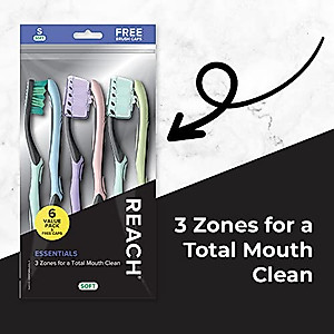 REACH Essentials Toothbrush with Toothbrush Caps, Multi-Zoned Angled Soft Bristles, Contoured Handle, Tongue Scraper, 6 Count (Pack of 1)