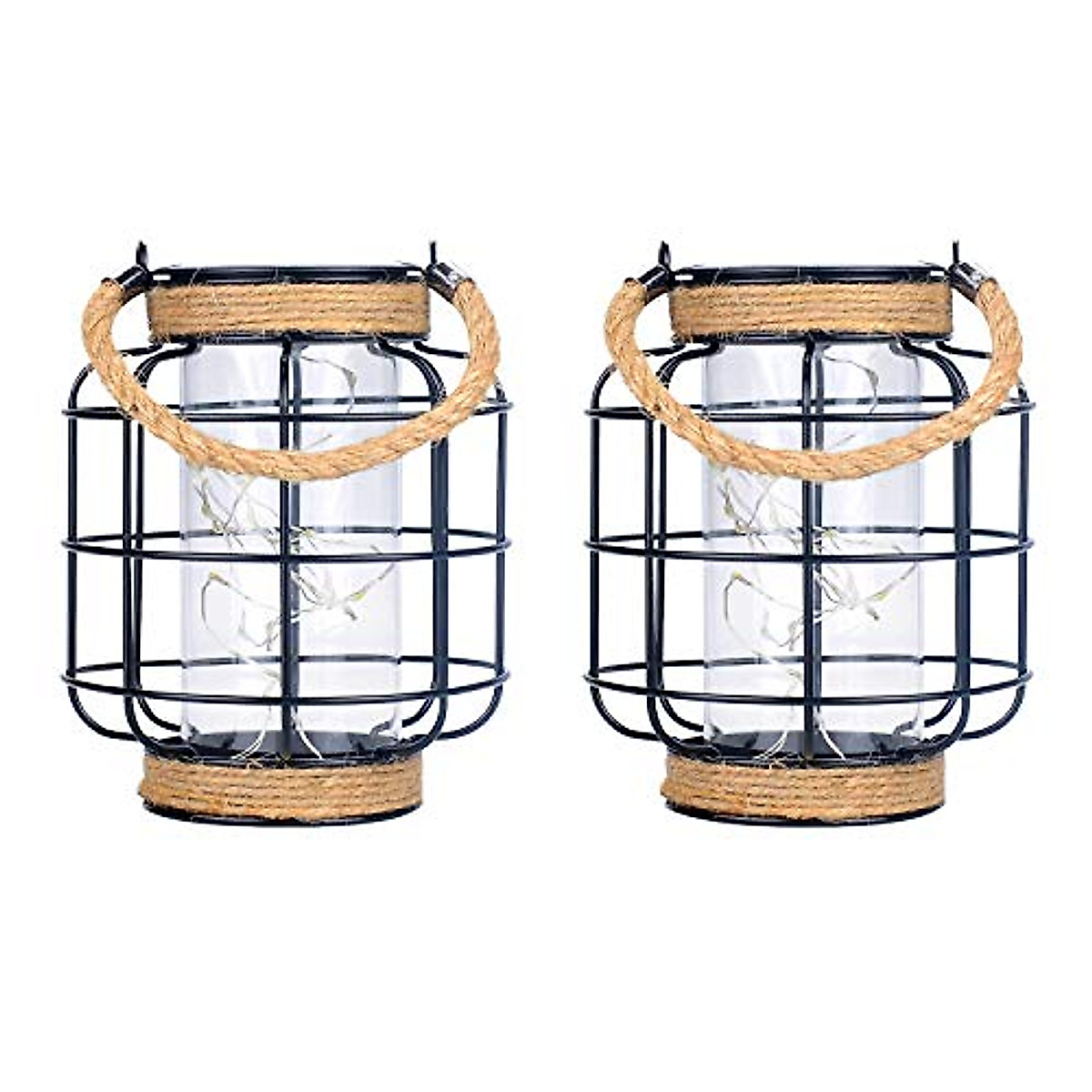 2 Pack Black Solar Lanterns Outdoor Waterproof Landscape Solar Lights for Garden Yard Porch Fence Patio Tree, 20 x Mini Warm White LEDs, Hemp Rope Handle