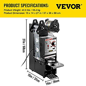 VEVOR Semi-automatic Cup Sealing Machine, 300-500 Cup/h Tea Cup Sealer Machine Black Boba Cup Sealer Machine, 90/95mm Cup Diameter Boba Cup Sealing Machine with Control Panel for Bubble Milk Tea