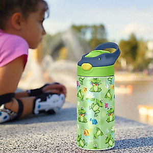 ALAZA Cute Cartoon Lotus Pond Frog Kids Water Bottles with Lids Straw Insulated Stainless Steel Water Bottles Double Walled Leakproof Tumbler Travel Cup for Girls Boys Toddlers 12 oz / 350 ml,Green
