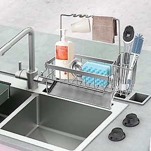 Yazoni 4 in 1 Sponge Holder for Kitchen Sink, Sponge Holder + Brush Holder + Dishcloth Hanger + Sink Stopper Holder with 2 Installation Ways, No Drilling Adhesive Sink Caddy Kitchen Sink Organizer