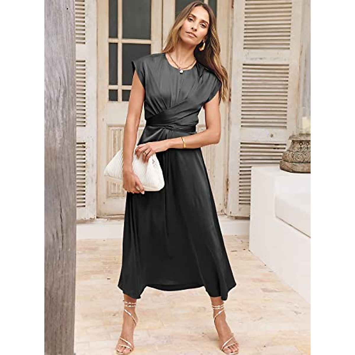 ANRABESS Women's 2023 Formal Dress for Women Summer Maxi Elegant Satin Cocktail Dress Sleeveless Wrap A-Line Flowy Midi Wedding Guest Silk Semi Formal Dress 916heihui-M Black