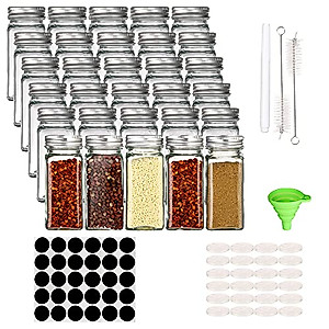 Homerove 6oz Spice Jars Bottles, 30pcs Empty Square Spice Containers with Shaker Lids and Airtight Metal Caps(30pcs Blank Lables, Silicone Funnel and Brush Included)